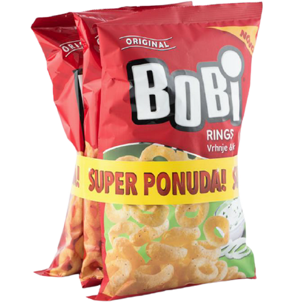 Grickalica BOBI RINGS 70g 3/1 (PIKANT, PIZZA, VRHNJE & LUK) | Pevex