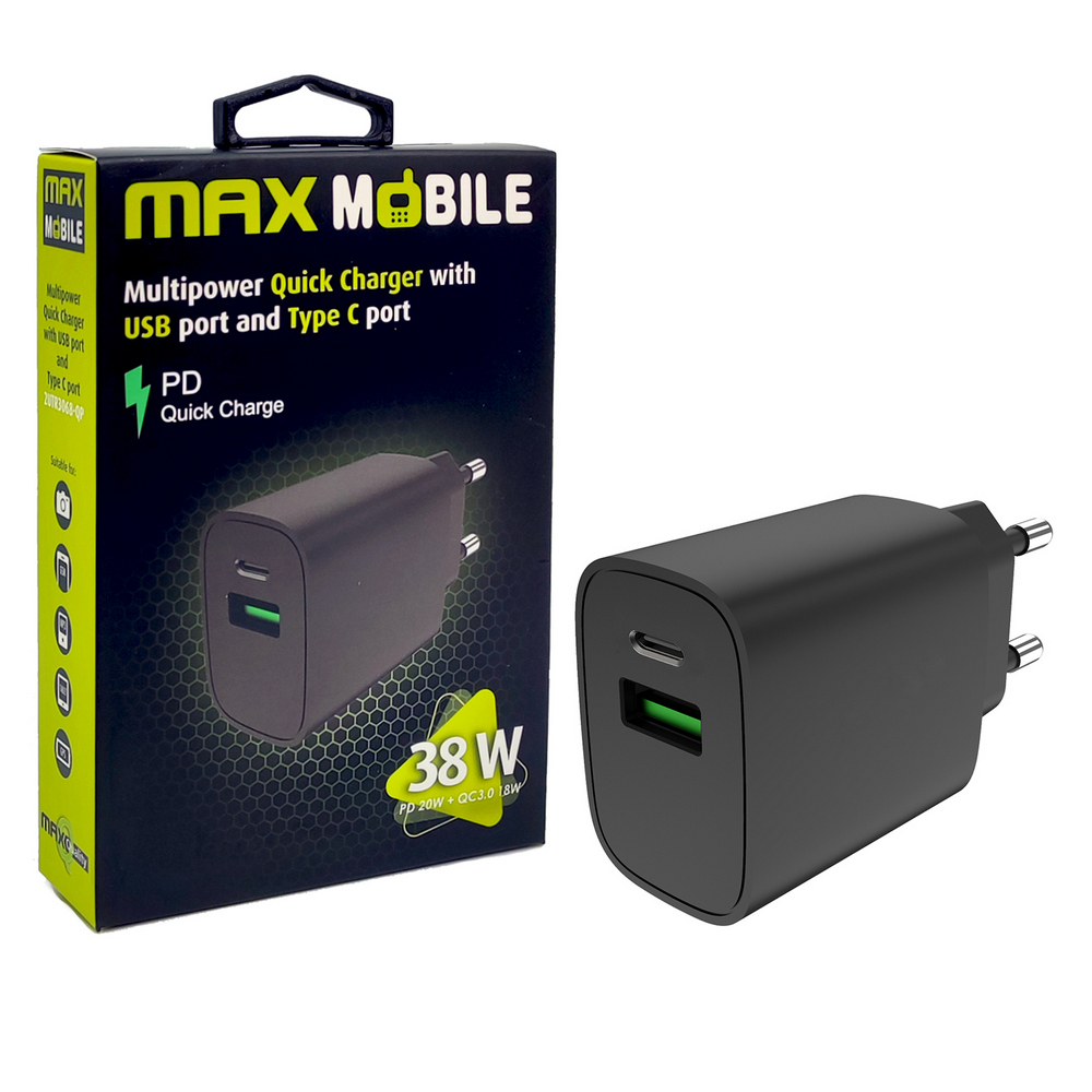 MAXMOBILE KUĆNI PUNJAČ PD QC3.0 DUO TYPE C 20W+USB 18W 2UTR3068-QP | Pevex