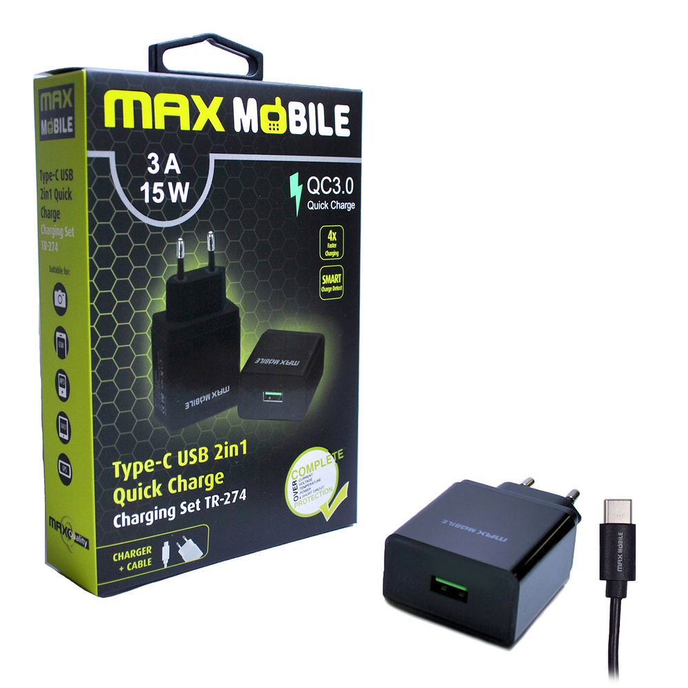 MAXMOBILE KUĆNI PUNJAČ SET 2U1 QC 3.0 QUICK CHARGE USB+ TYPE C, 3A,18W ...