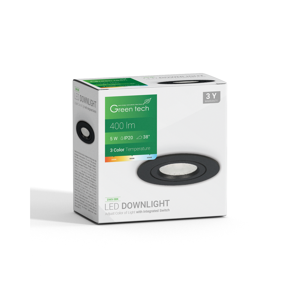 Ugradbena rasvjeta GREEN TECH LED 5W CCT 3000K-4000-6500K CRNI | Pevex