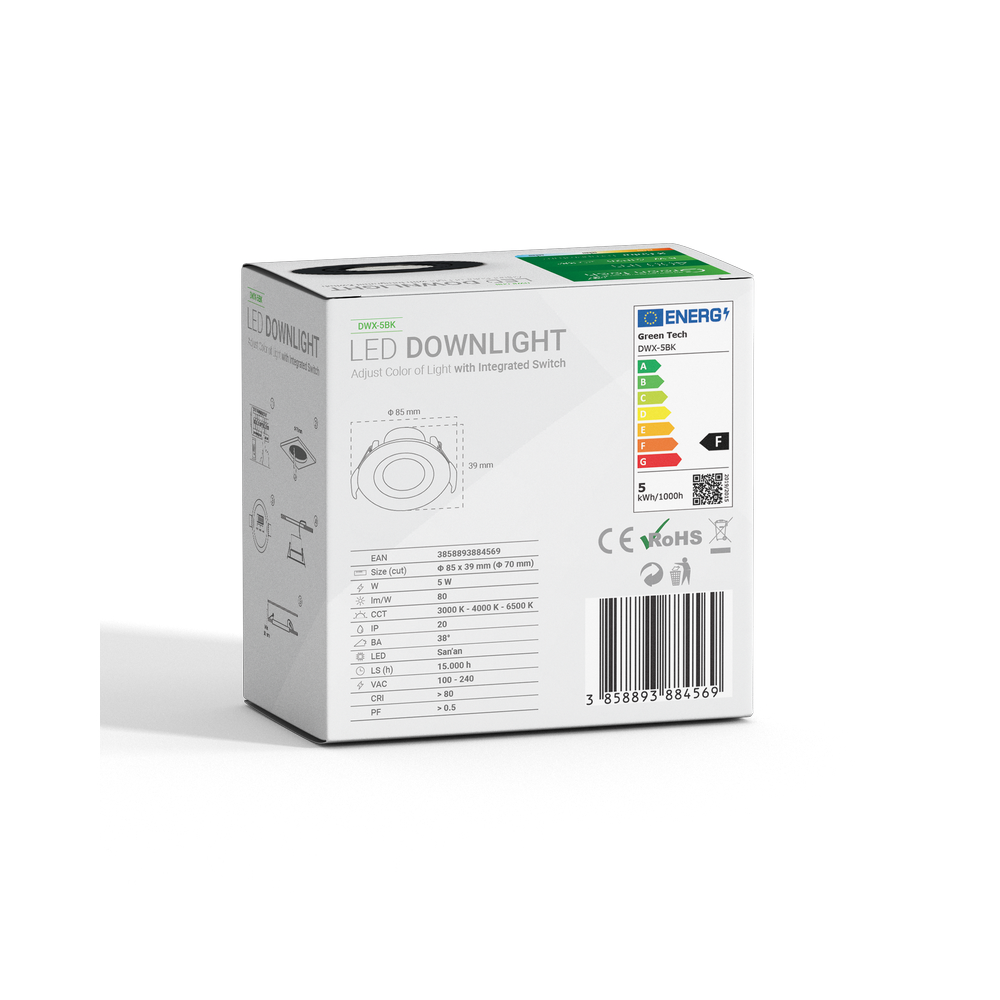 Ugradbena rasvjeta GREEN TECH LED 5W CCT 3000K-4000-6500K CRNI | Pevex