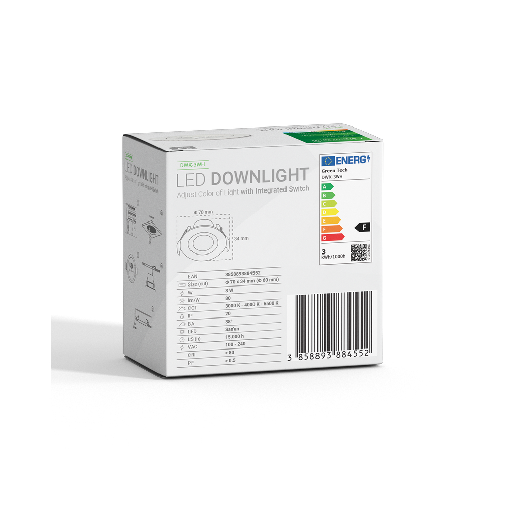 Ugradbena rasvjeta GREEN TECH LED 3W CCT, 3000K-4000-6500K BIJELI | Pevex