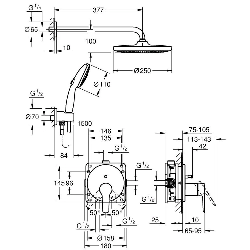 Miješalica za vodu GROHE START OHM PODŽBUKNI TUŠ SISTEM 250 | Pevex